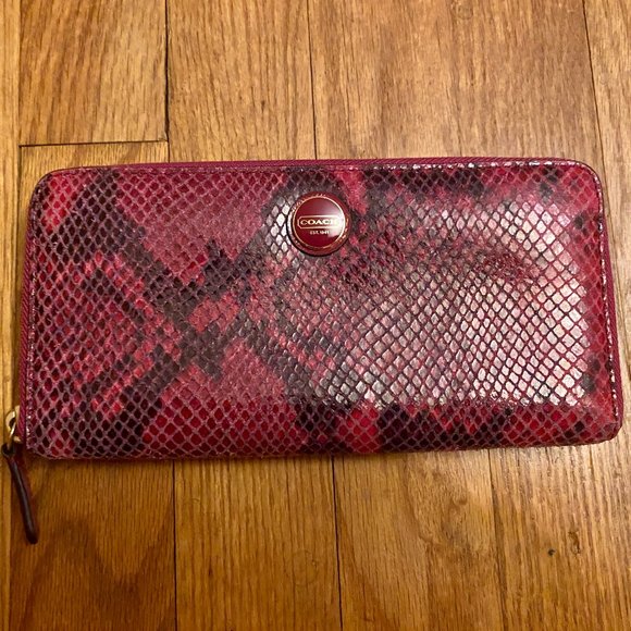 Coach | Bags | Coach Raspberry Snakeskin Print Accordion Zip Wallet ...